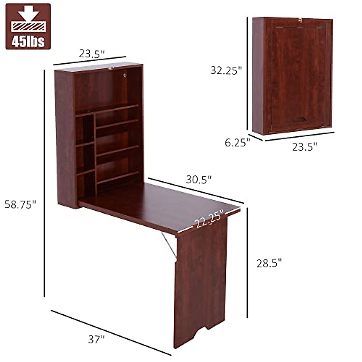 HOMCOM Compact Fold Out Wall Mounted Convertible Desk with Storage, Mahogany