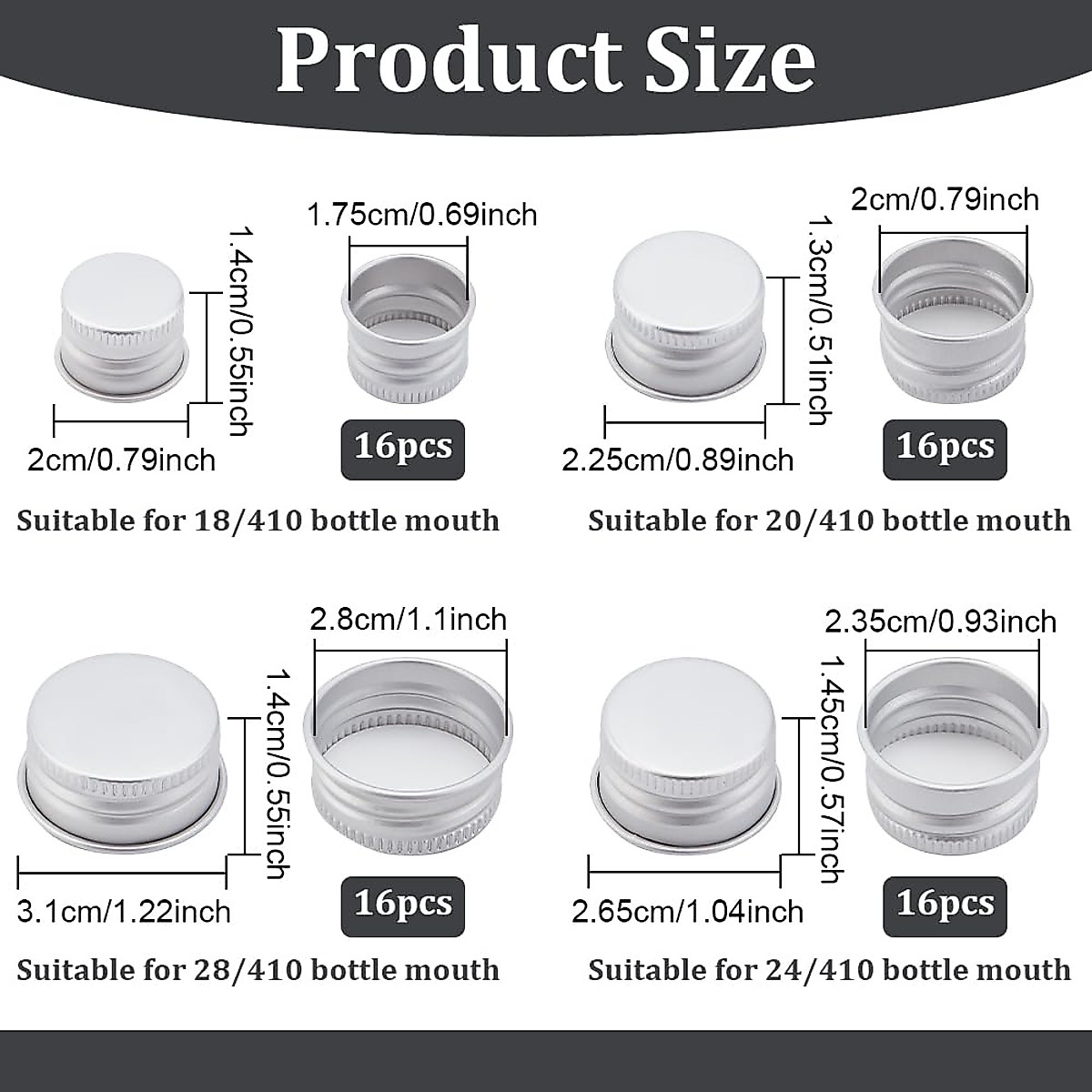 BENECREAT 64 Pcs Aluminum Caps Top Spiral Caps Flat Round Aluminum Caps Aluminum Cans Spiral Tops for Refillable Bottles Replacement Caps Inner Diameter: 17.5/20/23.5/28 mm