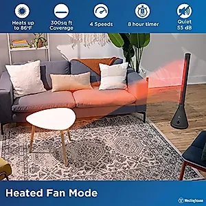 Westinghouse All Season Electric Fan 40 Inches With Heater | Minimalist Heated Bladeless, Oscillating With Remote Control (Black)
