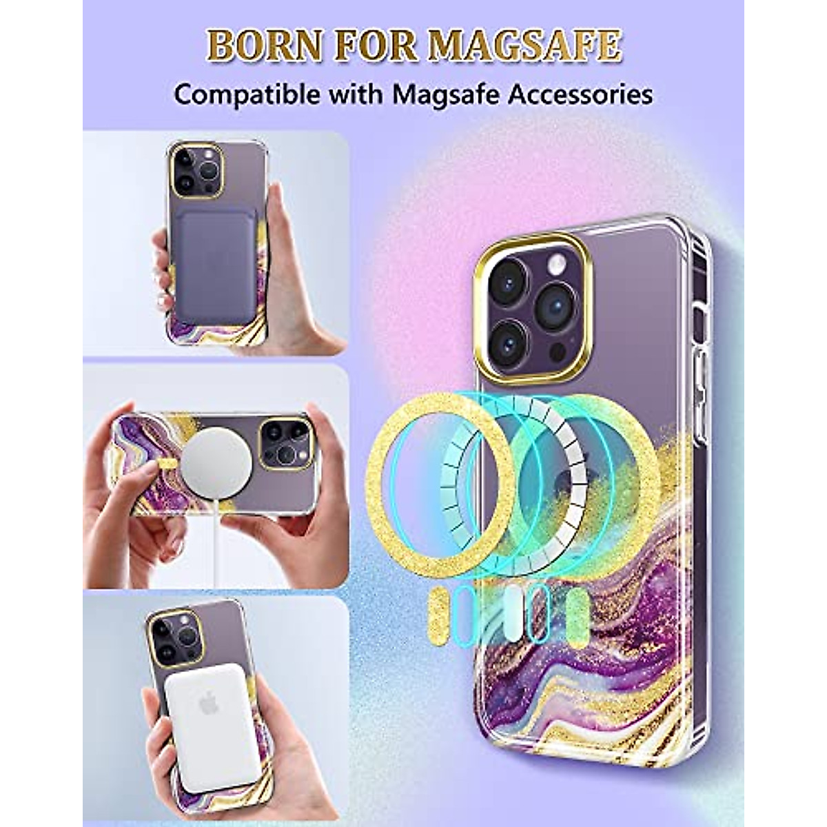 JIAXIUFEN Magnetic Designed for iPhone 14 Pro Max Case Clear, Compatible with MagSafe, Sparkle Glitter Slim Thin Shockproof Protective Transparent Phone Case, Marble Gold