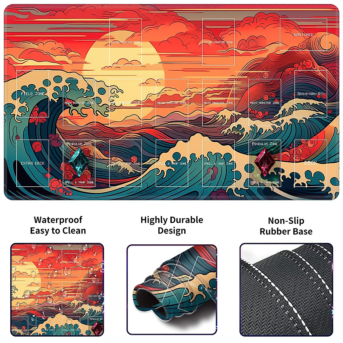 Playmat for OCG, Game Play Mat for TCG CCG 24 x 14 inch with Non-Slip Rubber Base and Stitched for Board Games and Table Magic, Orange Waves