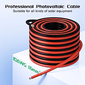 Solar Panel Wire 50Ft Black and 50Ft Red Kit, Bateria Power Solar Panel Extension Cable 10AWG (6mm²) Tinned Copper Wire for Outdoor Automotive RV Boat Marine Solar Panel (Black+Red)