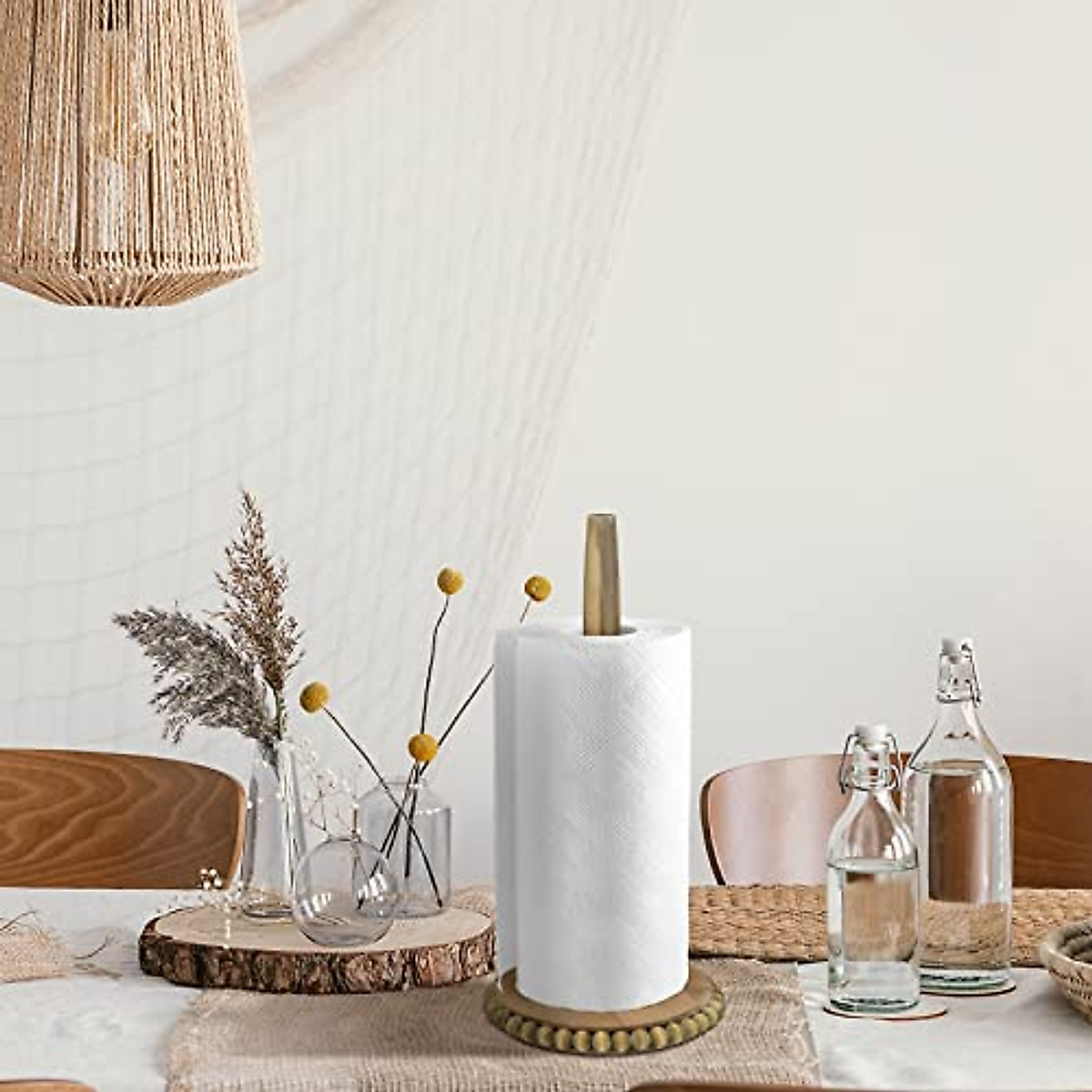 Farmhouse Paper Towel Holder Washed Beaded Paper Towel Stand Wood Paper Hanger Rack Standing Towel Roll Stand Organizer Paper Roll Holder Roll Dispenser for Kitchen Bathroom Countertop (Brown)