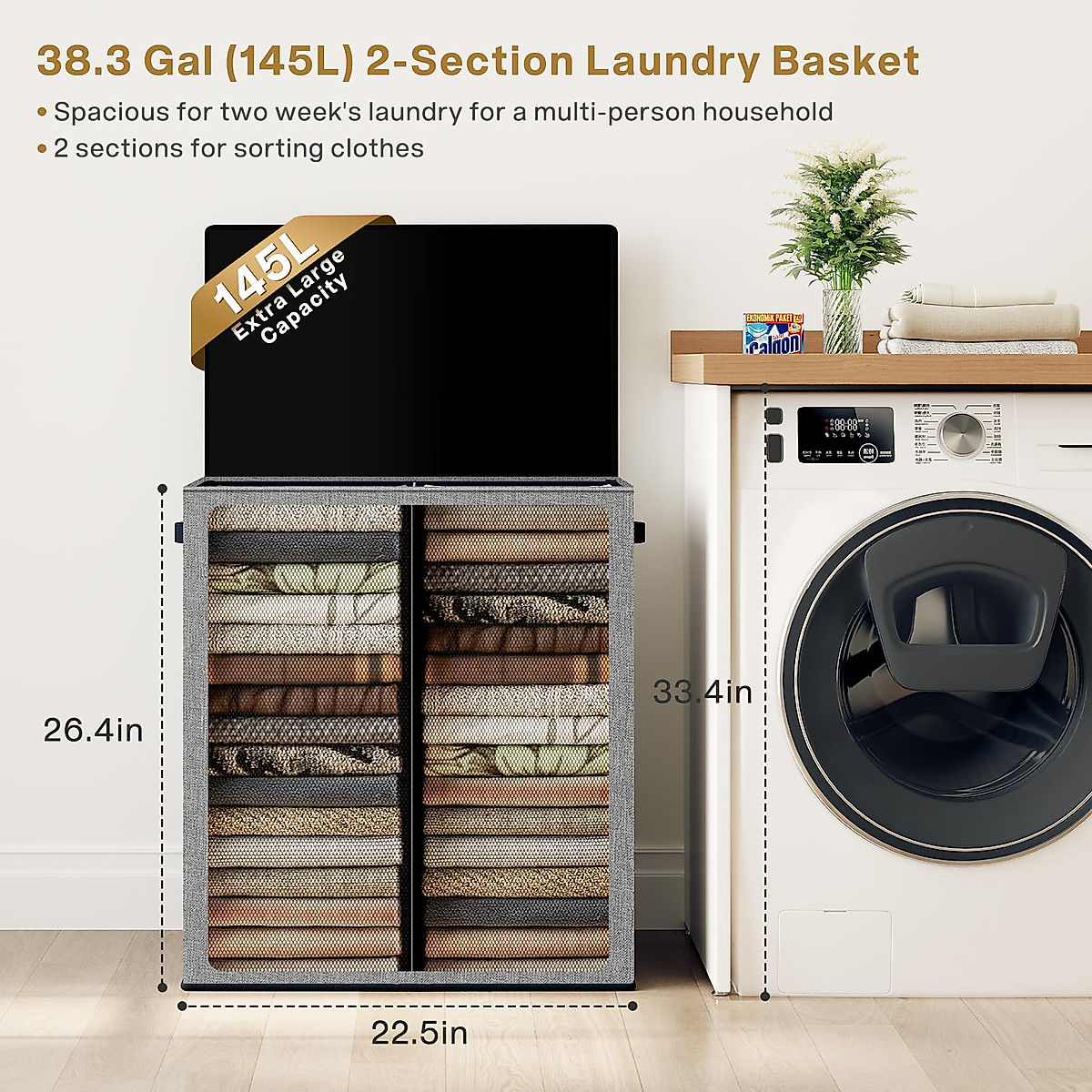 SOLEDI Luxury Double Laundry Hamper with Lid and Handle, Laundry Basket 2 Section with Removable bag, Collapsible Dirty Clothes Hampers for Laundry, Bedroom, Dorm, College