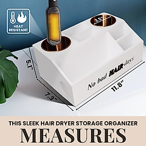 Hair Tool Organizer w/ 7 Compartments - Wooden Hair Product Organizer - Hair Straightener, Brushes, Bathroom Hair Dryer Holder w/ 2 Rose Gold Cups - Hot Tools Organizer for Bathroom Counter or Vanity