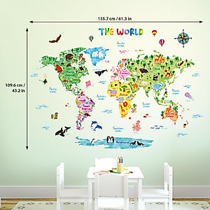 DECOWALL DL3-1615 XLarge Animal World Map Kids Wall Stickers (61x43 inch) Wall Decals Peel and Stick Removable Wall Stickers for Kids Nursery Bedroom Living Room décor