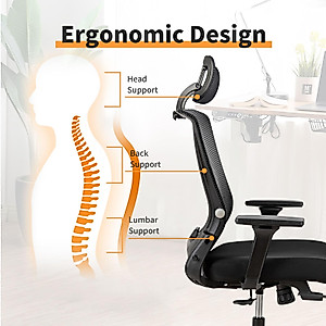 Foldable Ergonomic Office Chair with Footrest, High Back Computer Chair with 2D Headrest, Mesh Back, Sponge Seat, Adjustable Lumbar Support, 2D Armrest, Home Office Desk Chair, Black