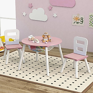 Costzon Kids Table and Chair Set, Wood Activity Table w/Center Mesh Storage, Children Furniture Gift for Boys & Girls, Ideal for Arts, Crafts, Snack Time, Homework, Toddler Table and Chair Set (Pink)