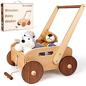 Woodtoe Wooden Baby Walker, Adjustable Speed Push Toys for Babies Learning to Walk, Natural Wood Push and Pull Learning Walking Educational Toys Gift for Toddler Boy Girl 1 2 3(Patent Protection)