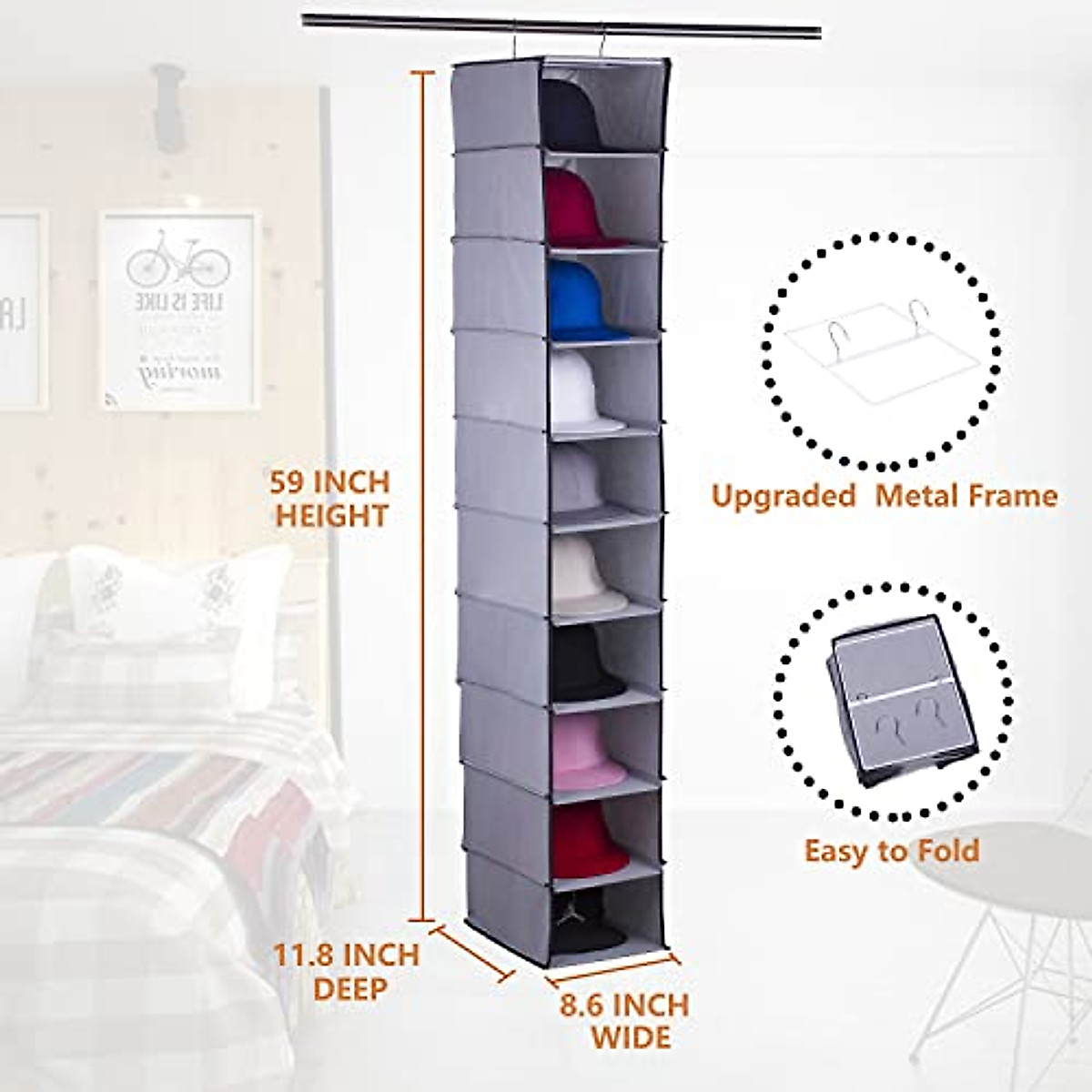 GRANDAN Hat Rack, 10 Shelf Hanging Closet Hats Organizer for Baseball Caps, Easy Hat Holder with Upgrade Metal Hooks (Gray)