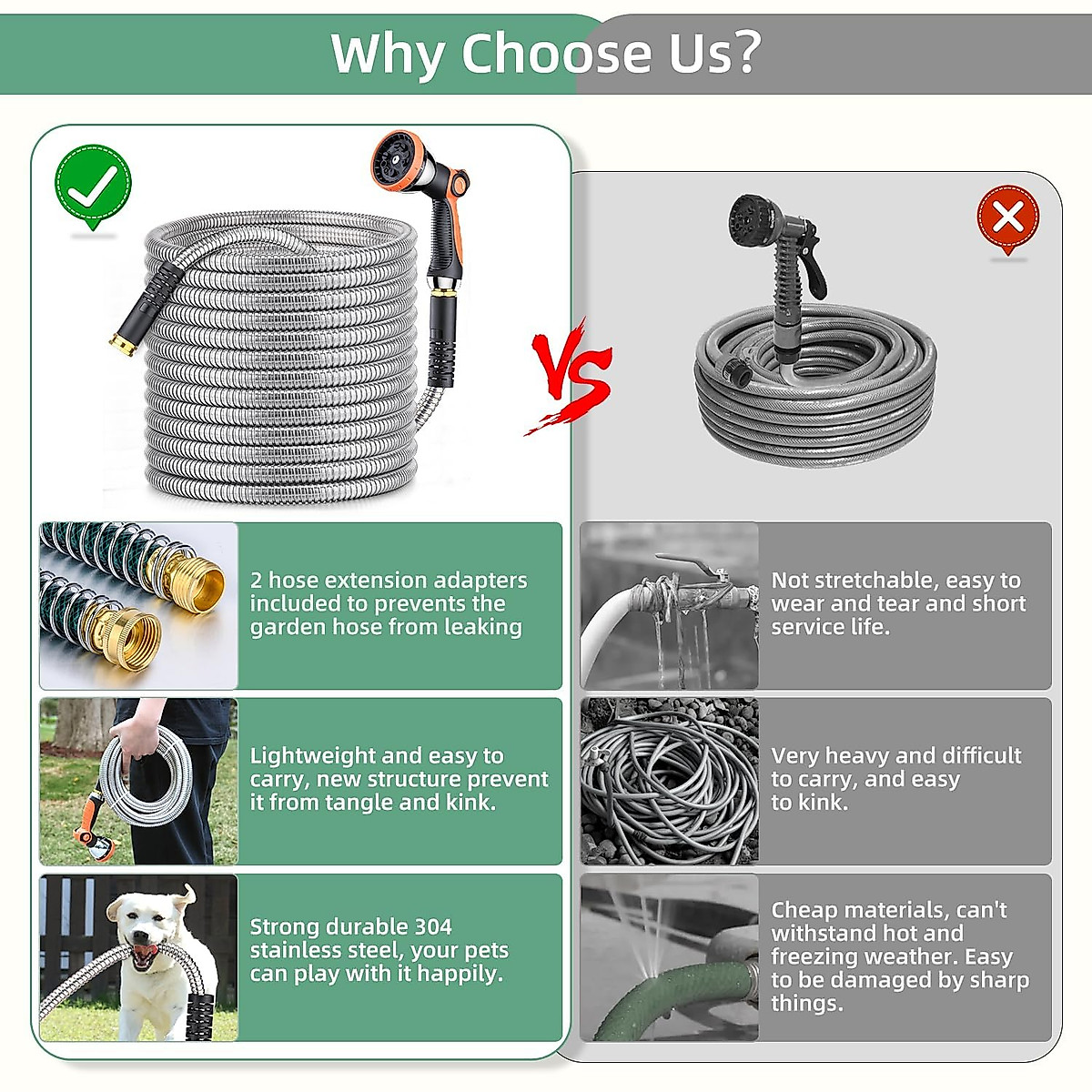 Metal Garden Hose 100ft, Yumatum 304 Stainless Steel Water Hose With 2 Hose Extension Adapter, 2-Ways Hose Splitter and 10-Function Nozzle, 3/4'' Fittings, No Tangle & Kink for Outdoor