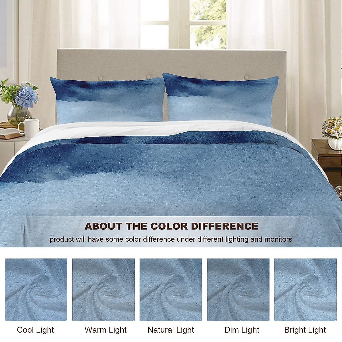 BaoNews Blue Grey Watercolor Ombre Blue Duvet Cover Set King Size,3 Pieces Bedding Set Hotel Quality 100% Cotton Comforter Cover Set with 2 Pillowcases(No Filler)