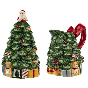 Spode Christmas Tree Sugar and Creamer Set | Set of Figural Tree Creamer Jug and Sugar Jar | Made of Fine Dolomite | 7.4-ounce creamer 5.3 Ounce Lidded Sugar Jar