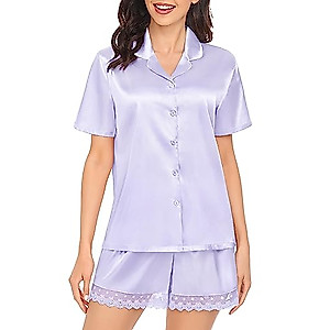 SWOMOG Womens Silky Satin Pajamas for Bridesmaid Short Sleeve Top with Short Sleeve Sleepwear Pj Set 2 Piece Loungwear
