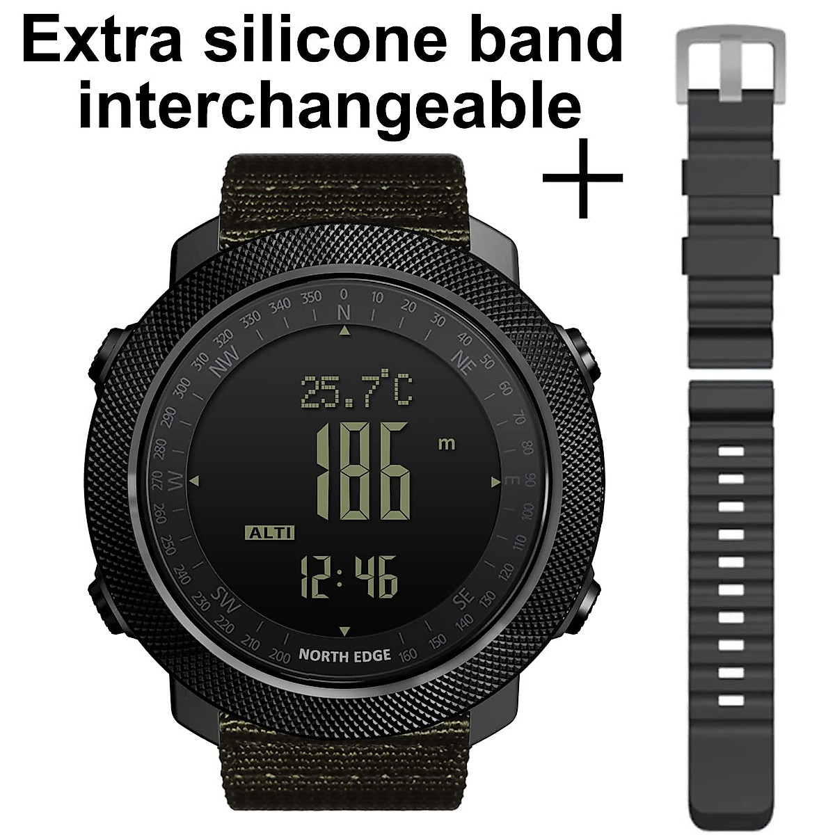 North Edge Apache Tactical Sports Watches for Men , Outdoor Survival Military Compass Rock Solid Digital Watches with Durable Band, Steps Tracker Pedometer Calories (Green)…