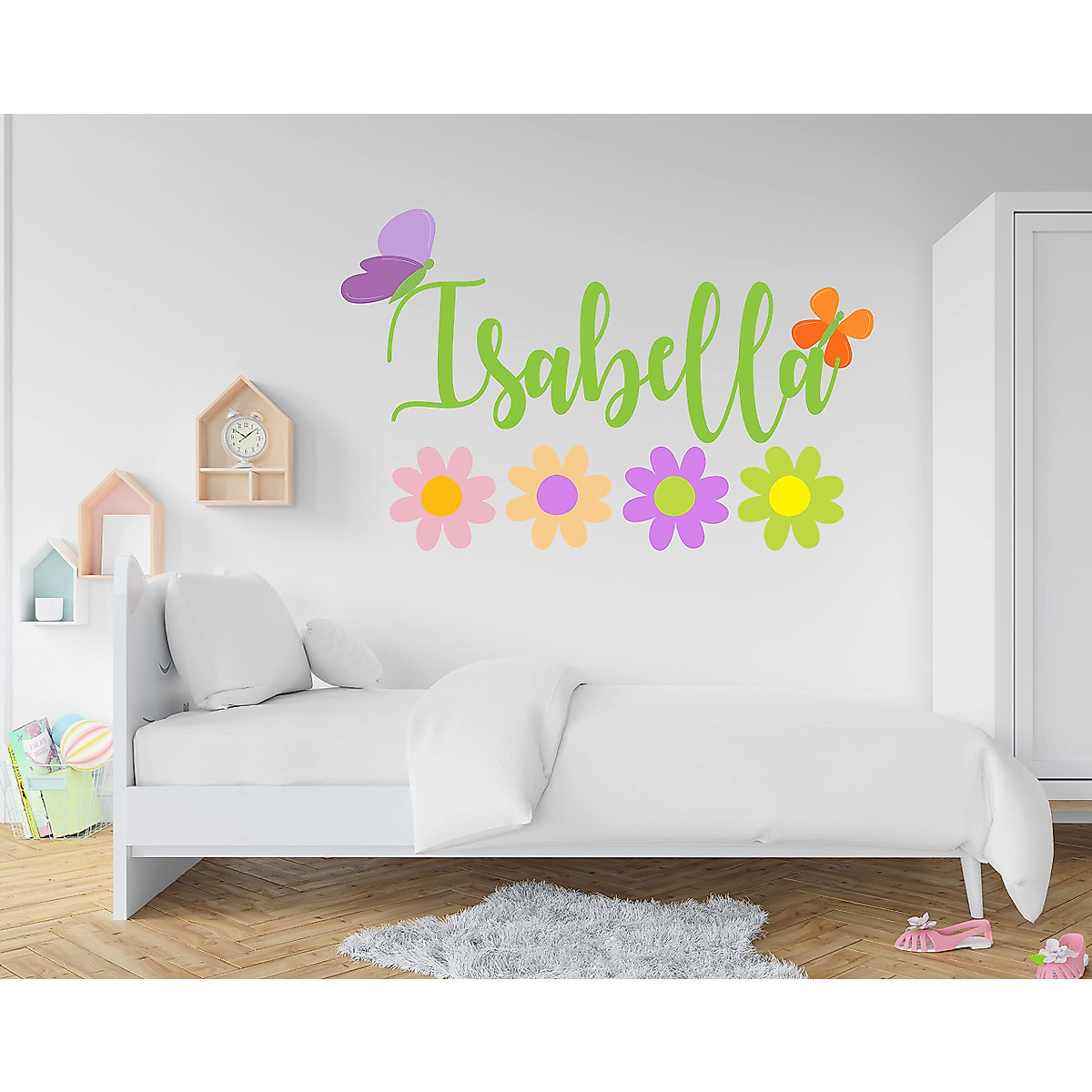 Custom Name Flowers Wall Decal - Personalized Name Butterfly Decor - Daisy Wall Decal Peel and Stick - Pastel Flowers - Girls Flowers Wall Stickers - Wall Decal for Home Nursery Bedroom Decoration