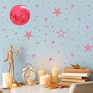 Glow in The Dark Stars and Moon Stickers for Ceiling, Luminous Wall Decals Decor for Bedroom Living Room, 407 dots + 27 Stars + 30cm Moon (Pink)