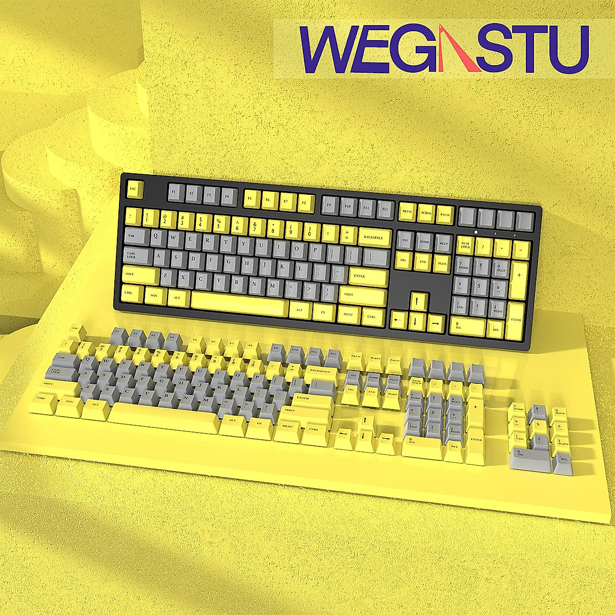 WEGASTU KEYCAPS Design Style Typewriter only Keycaps Square Keycap Mechanical Keyboard for Gaming&Typing Keyboard 104-Keys Yellow and Gray