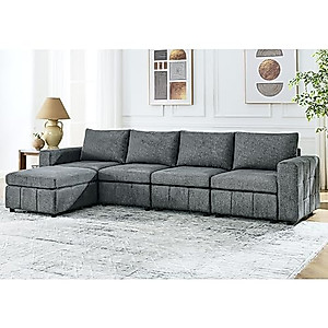 EZLUX Upholstered Modular Sofa Set, L-Shaped Sectional Couch with Ottoman for Living Room Apartment, Gray