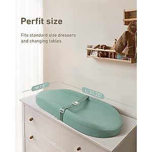 Contoured Changing Pad with Soft & Washable Cover, Waterproof Lining Foam Baby Changing Table Pads for Dresser Top, Secure with Security Strap and Two High Curved Sides, 32”×16”, Sage Green