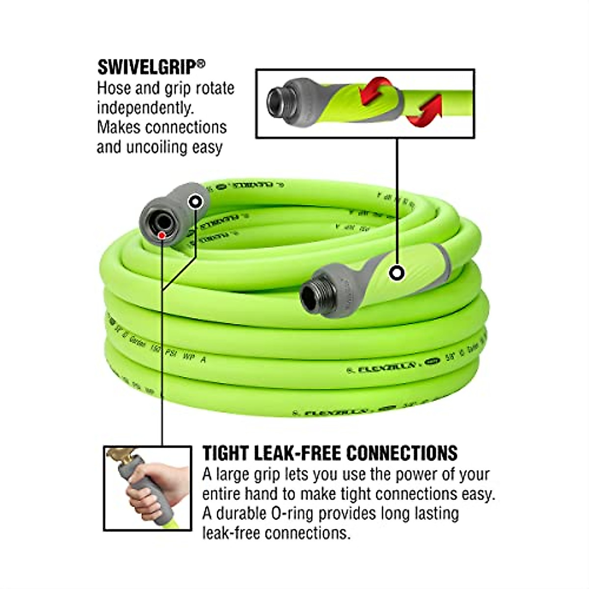 Flexzilla Garden Hose with SwivelGrip, 5/8 in. x 50 ft., Heavy Duty, Lightweight, Drinking Water Safe, ZillaGreen - HFZG550YWS-E