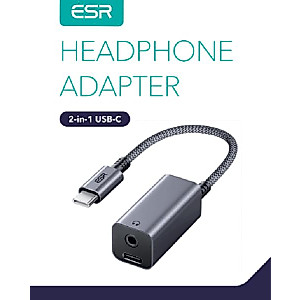 ESR USB C Headphone Adapter, 2-in-1 USB C to 3.5 mm Headphone Jack Adapter with PD Fast Charging, Portable Design, Compatible with Galaxy S22/S21/S20/Note20, iPad Air 5/Mini 6/Pro (2021/2020), Grey