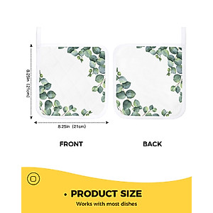 2Pack Pot Holders Cotton Heat Resistant Oven Hot Pads, Plant Potholder Machine Washable Cloth Potholders for Daily Kitchen Baking and Cooking with Hanging Loops - Green Fresh Eucalyptus Leaves