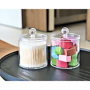 DAPOWER 20-Ounce Qtip Holder Storage Canister Set of 2, Clear Plastic Apothecary Jar with Lid, Bathroom Makeup Organizer for Cotton Ball, Cotton Swab, Pads, Powder Puffs (2)