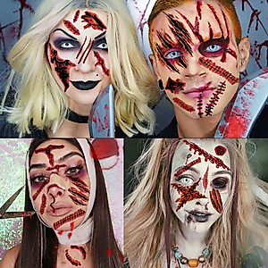 Shegazzi 228+ PCS 28 Sheets 3D Fake Scars Zombie Tattoo Temporary Halloween Makeup Kit For Kids Women Men Adults Fake Wound Cut Stitches Tattoo Chucky Makeup Kit Blood Scratches Scar Tatoos Decals