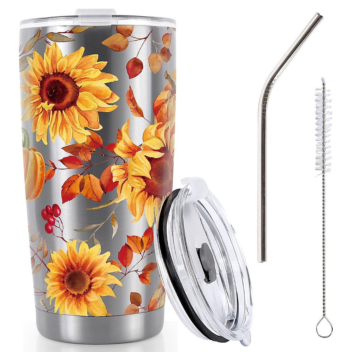 Whaline Fall Watercolor Sunflower Tumbler Stainless Steel Wine Tumbler with Straw and Cleaning Brush Autumn Thanksgiving Coffee Mug Cup for Women Girlfriend Besties Wife Lover Spouse Squash Gifts,1Pcs