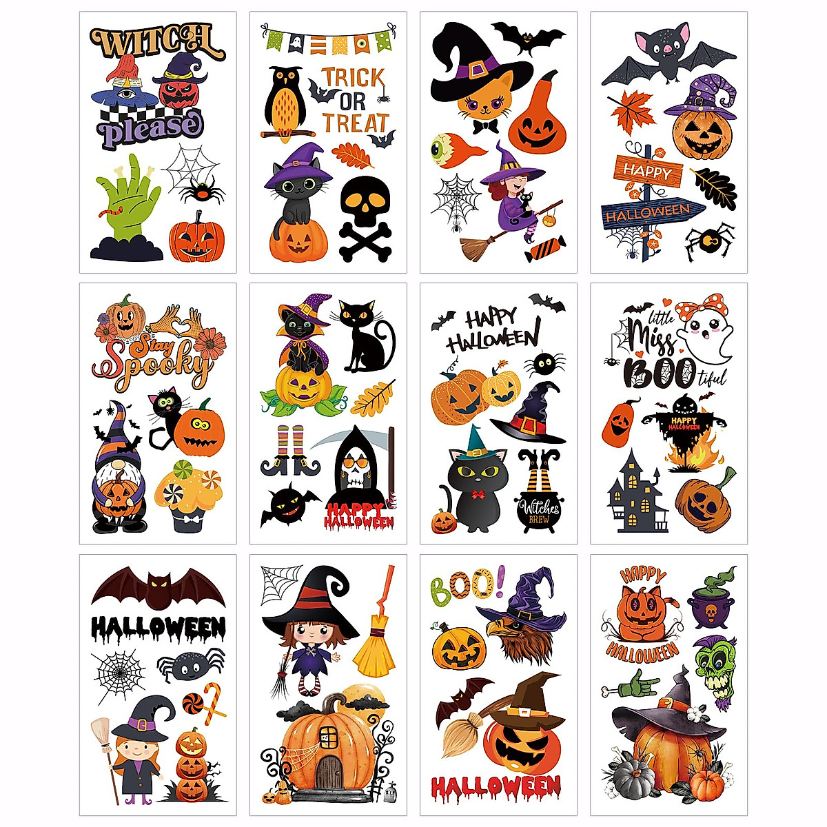 64 Pieces Halloween Temporary Tattoos For Kids Boys Girls, Halloween Party Favors, Pumpkin Black Cat Witch Bat Fake Tattoo Stickers for Halloween Decorations Treat Goodie Bag Fillers Makeup Kit