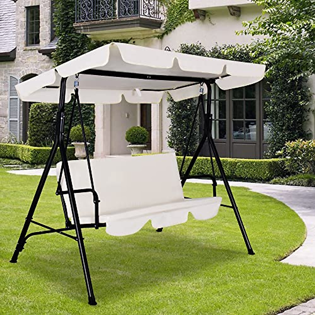 Funny Sunny Outdoor Patio Swing Chair with Canopy,3 Seater Porch Swing Chair with Adjustable Canopy and Removable Cushion for Patio Garden Poolside Balcony Backyard, White