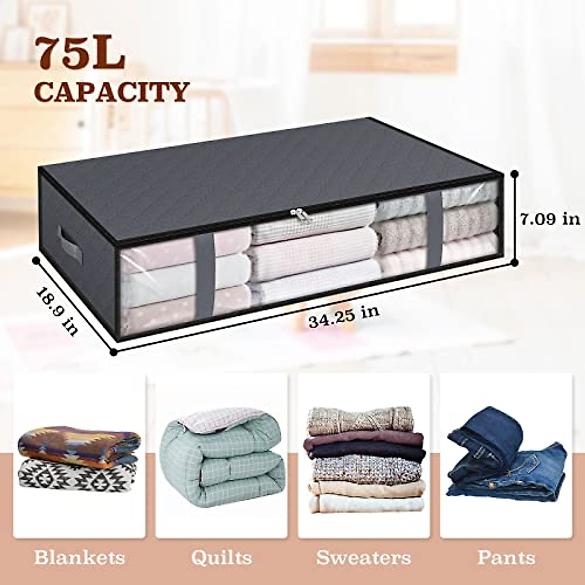 StorageRight Storage Bags, Clothes Storage,Under bed Storage Containers With Durable Handles,Large Capacity Storage Bins,Foldable Storage Organizers For Clothes,Bedding and Toys-75L/6 Pack/Grey