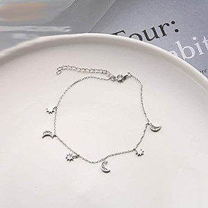 Dainty Star and Moon Anklet 925 Sterling Silver CZ Crystal Adjustable Dangle Charm Beach Foot Anklets Bracelet Summmer Foot Jewelry for Women (Silver)