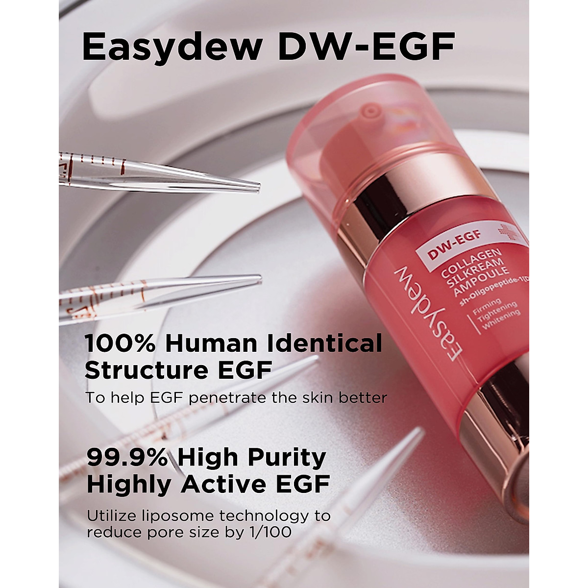EASYDEW EGF 55% Collagen Silkream Ampoule- Korean Facial Serum for Firmness & Elasticity with Peptides, Amino Acids - Day & Night Anti Aging Silky Smooth Skincare, 1.86oz.