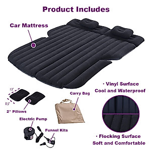 Inflatable Car Mattress, Car Bed for Back Seat, Car Air Mattress with Auto Air Pump, Portable Camping Mattress, Sleeping Pad (SUV Black)