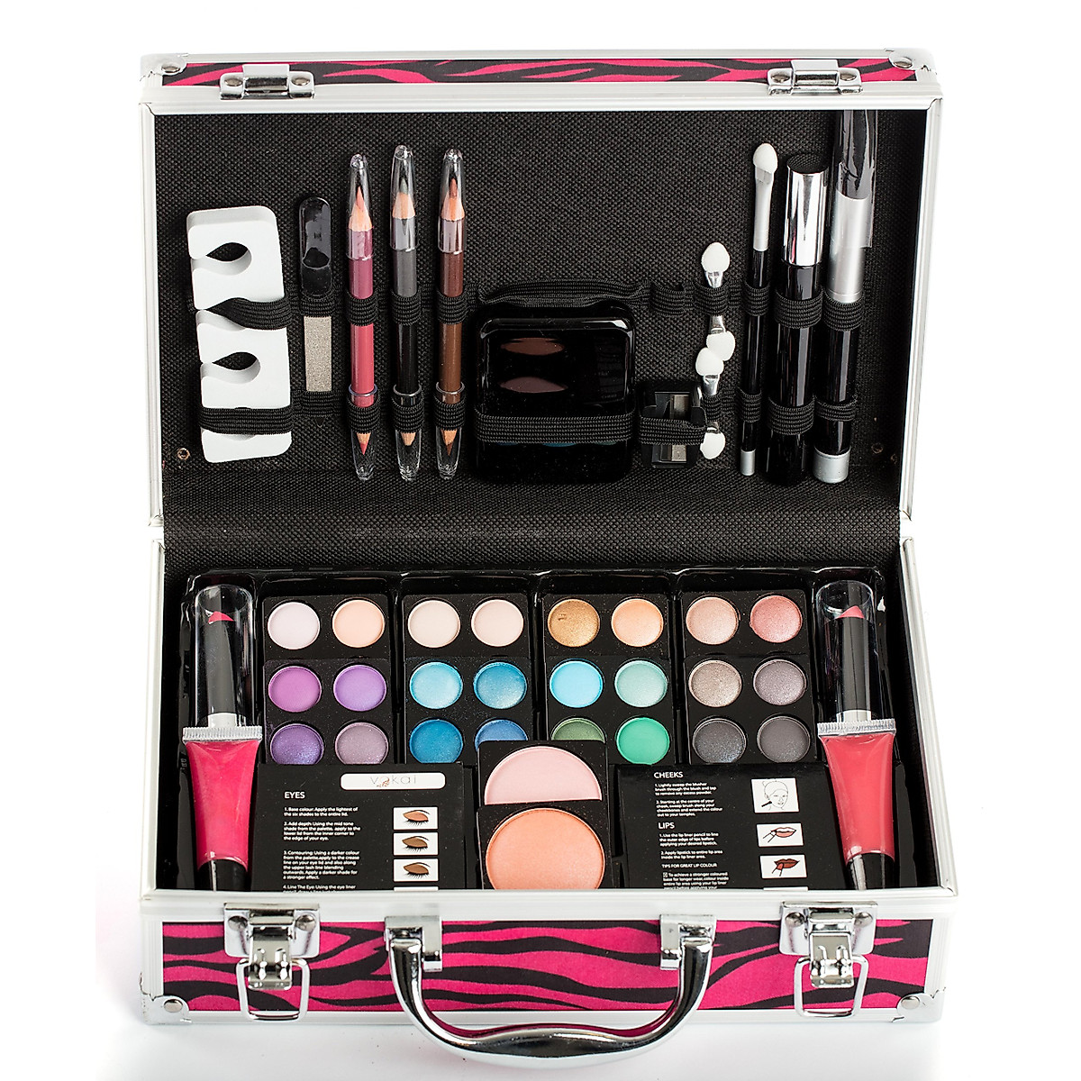 Vokai Makeup Kit Gift Set - 51 Piece - 32 Eye Shadows, 2 Blushes, 2 Lip Glosses, 2 Lipsticks, 2 Eye Liner Pencils, 1 Lip Liner Pencil, 1 Mascara - Case with Carrying Handle