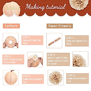 AOBKIAT Fall Boho Party Decorations Set,12PCS Brown Orange Paper Pom Poms Lanterns for Thanksgving Pumpkin Party,Natural Baby Shower,Bridal Shower,Engagement,Class School Office Decor