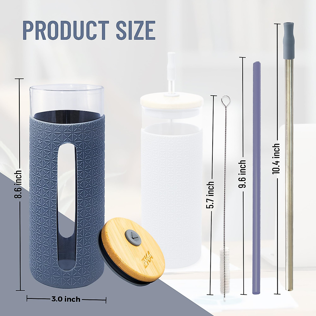 ZKA Global 24 Oz Reusable Boba Cup with Bamboo Lid | 2 Straw With Silicon Tip and Cleaning Brush | Smoothie cup glass tumbler with straw and lid bamboo | Glass Boba Cup with Sleeve