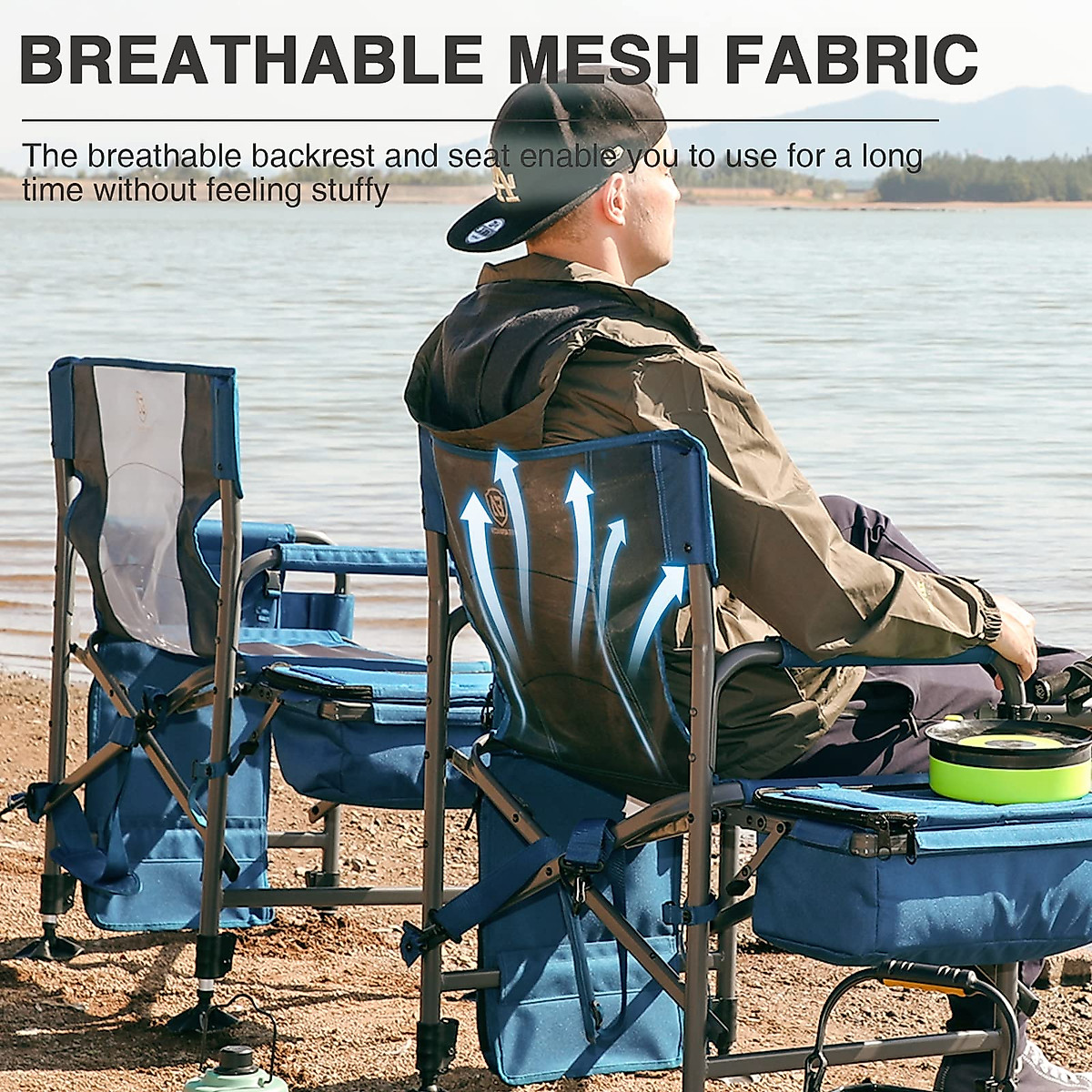 EVER ADVANCED Fishing Chair with Rod Holder and Cooler, All Terrain Ice Fishing Chair with Adjustable Feet, Mesh Back Folding Camping Chair with Shoulder Strap, Heavy Duty Supports 350LBS