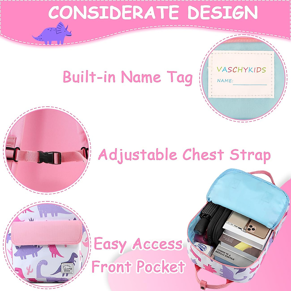 VASCHY Dinosaur Backpacks Girls, Lightweight Toddler Kids Preschool Backpack for Children