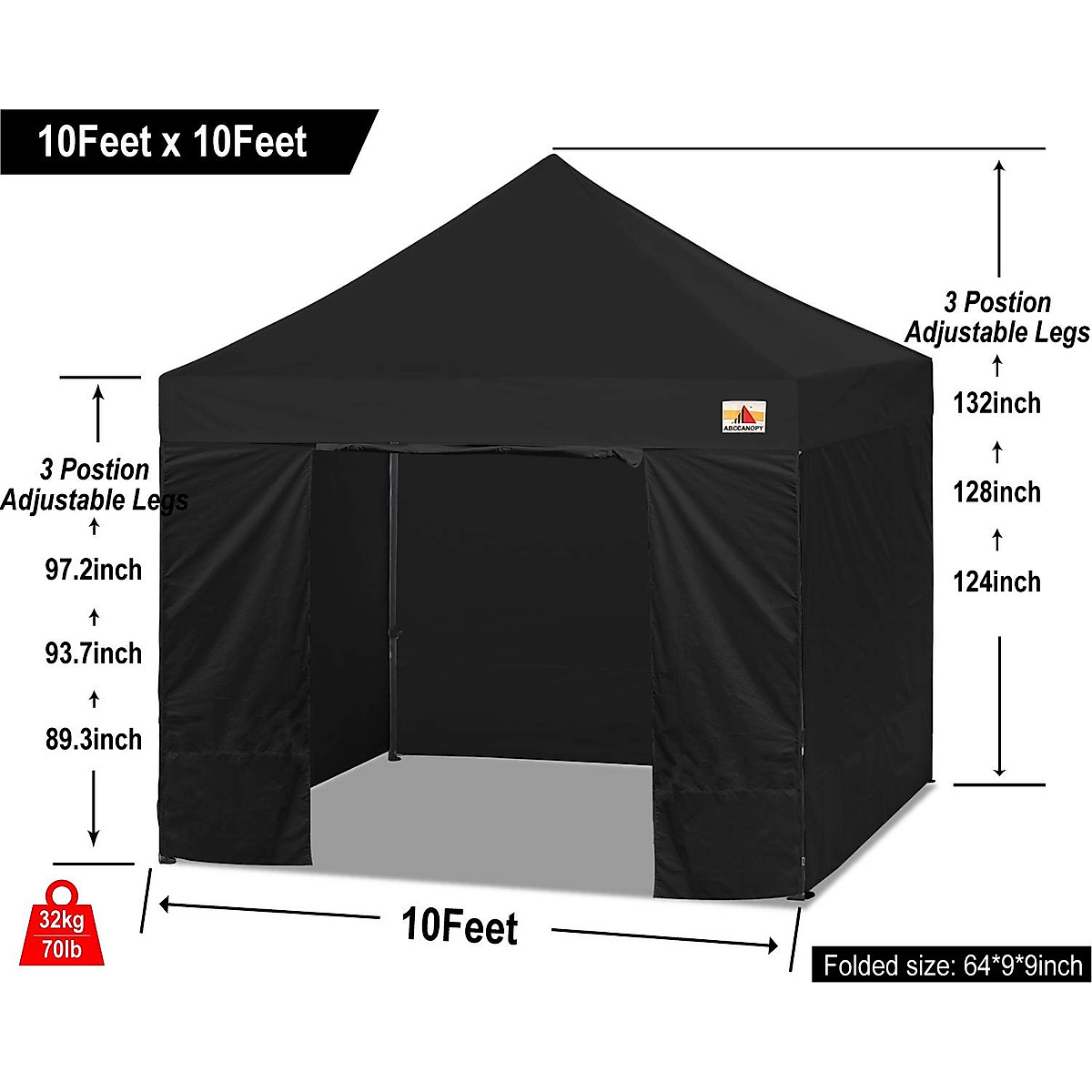 ABCCANOPY Heavy Duty Easy Pop up Canopy Tent with Sidewalls 10x10, Dull Black