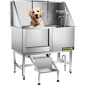 VEVOR 50 Inch Dog Grooming Tub, Professional Stainless Steel Pet Dog Bath Tub, with Steps Faucet & Accessories Dog Washing Station Left Door