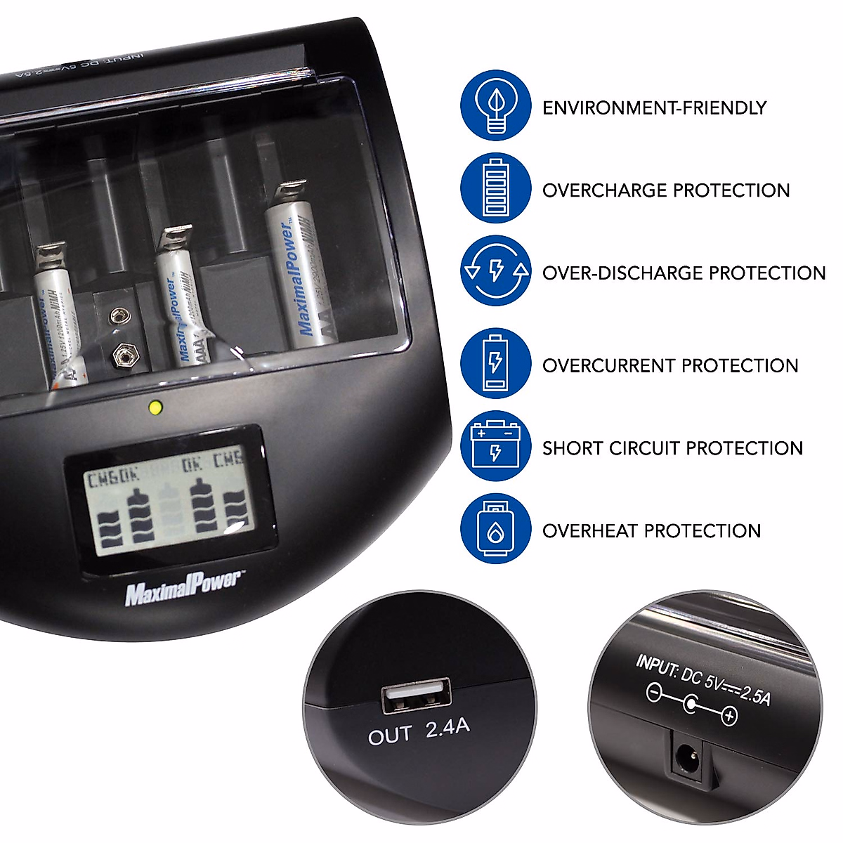 MaximalPower Universal Ultra Smart Charger FC997 for Alkaline NiMh NiCd Li-ion AA AAA C D Battery Cells Charger (Battery Charger & Organizer Case & Tester)
