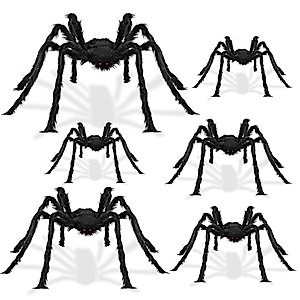 HBlife 6 PCS Giant Hairy Spider Set Halloween Decorations Different Size Furry Scary Virtual Realistic Decor for Outdoor Party Yard, Black