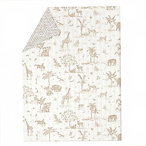 MakeMake Organics Organic Toddler Comforter GOTS Certified Organic Kids Blanket Cotton Infill Tufted - Reversible Ultra Soft Breathable Toys Girls (44"x60", Safari + Herringbone)