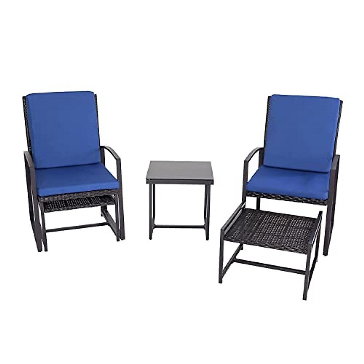 J-SUN-7 5-Piece Patio Furniture Conversation Set PE Rattan All Weather Cushioned Chairs Bistro Set with Ottoman and Glass Coffee Side Table for Balcony Porch, Dark Blue