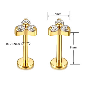 KaseStyle G23 Titanium Labret Studs 16G Lip Studs Earring Piercing Internally Threaded CZ Top Labret Monroe Helix Cartilage Tragus Piercing Studs-8mm 2 pairs gold triple&round CZ