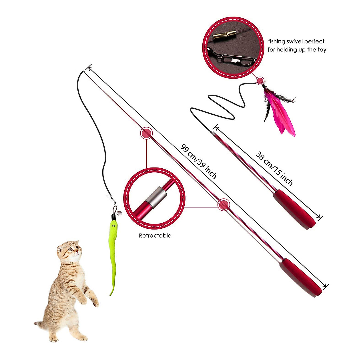 M JJYPET Retractable Cat Toys Wand,12 Packs Interactive Cat Feather Toys,9 Assorted Teaser Refills with Bell for Cat,Kitten