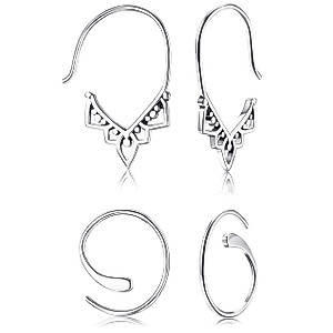Milacolato 2Pairs S925 Sterling Silver Hoop Earrings 14K White Gold Plated Balinese Tribal Pull Through Hoop Earrings Dangle Boho Earrings Set for Women Trendy Fashion Jewelry